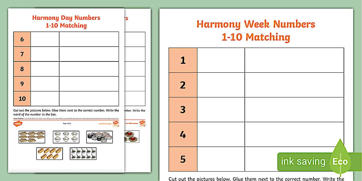 SA Harmony Week Number Matching Worksheet - Twinkl