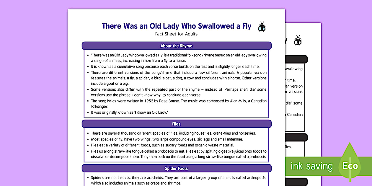 Black and White There Was an Old Lady Who Swallowed a Fly Fact Sheet for