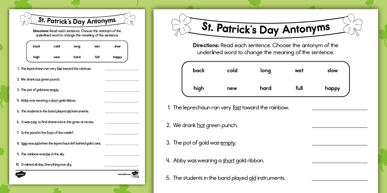 St. Patrick's Day First Grade Antonyms Worksheet - Twinkl