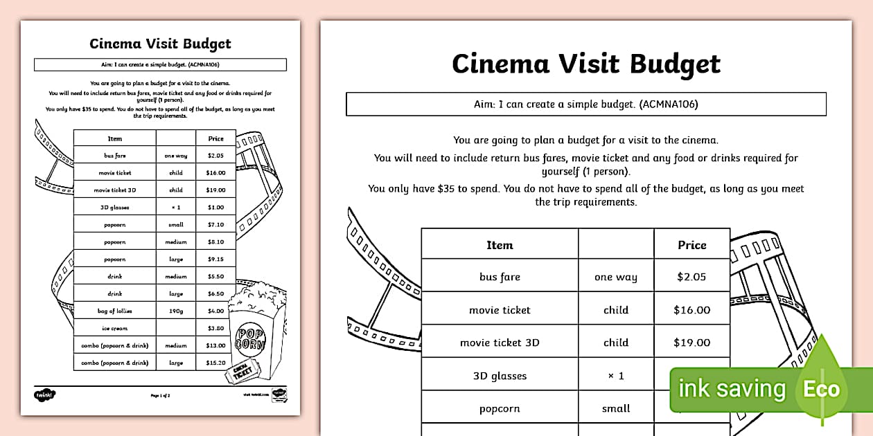 Editable Cinema Visit Budget Worksheet (Teacher-Made)