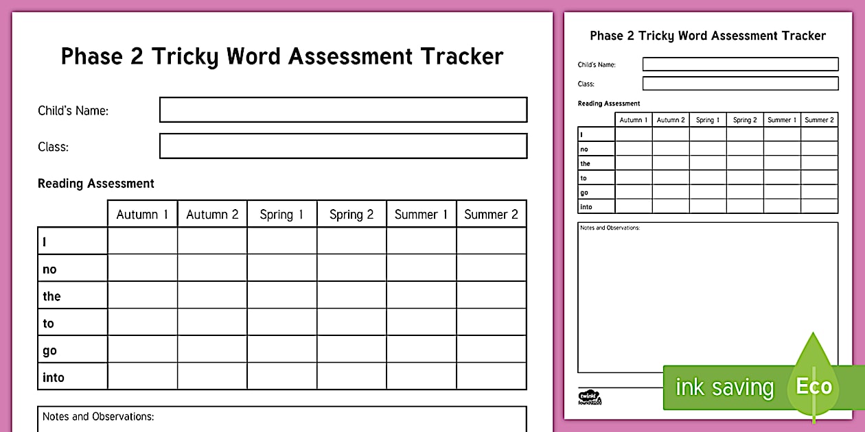Phase 2 Tricky Word Individual Child Assessment Tracker
