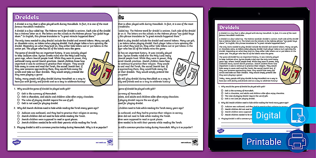 8th Grade Dreidel Reading Comprehension Task | Twinkl USA