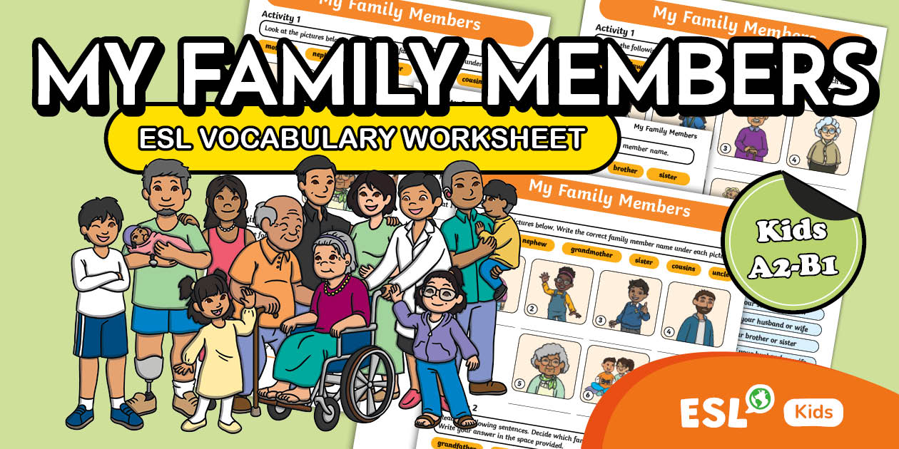 ESL Differentiated My Family Members Worksheet Kids A2-B1