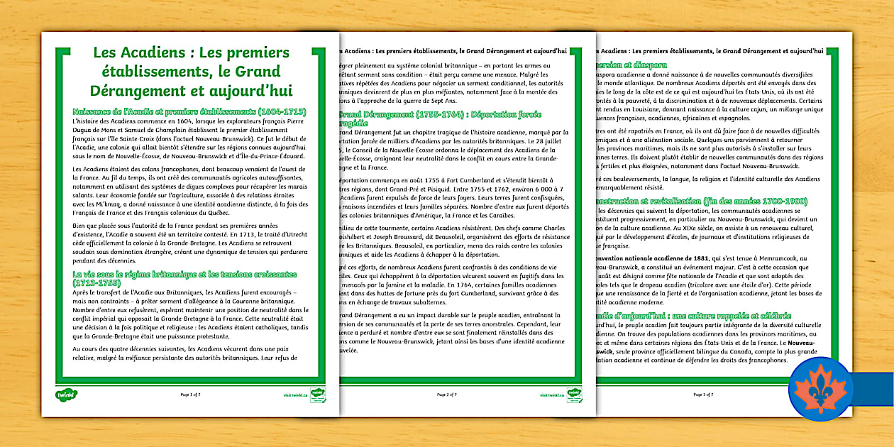 The Acadians' History Reading Comprehension 7/8 French