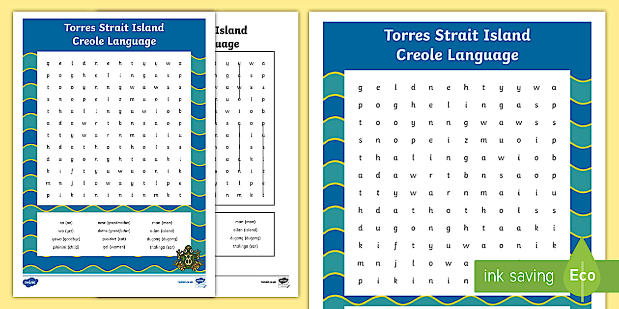 Black and White Torres Strait Islands Creole Language Word Search