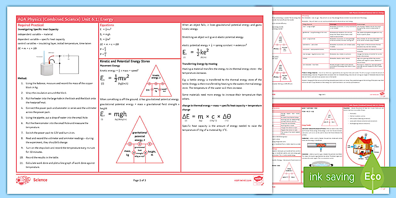 Editable AQA GCSE Physics 1: Energy Knowledge Organiser