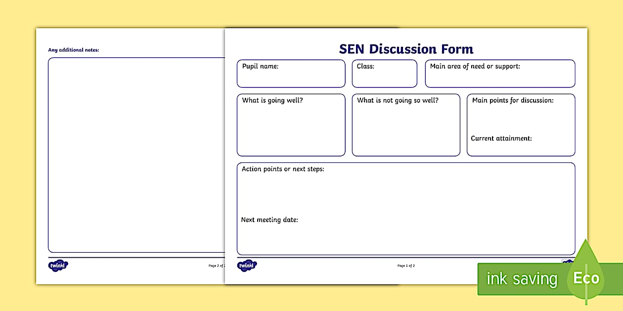 Editable SEN KS1/KS2 Meeting Discussion Form - Twinkl