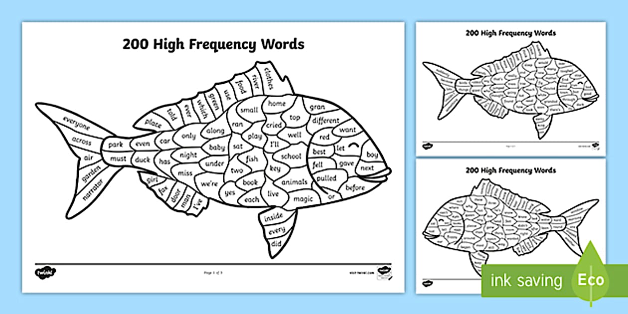 200 High Frequency Words Colouring Fish Activity