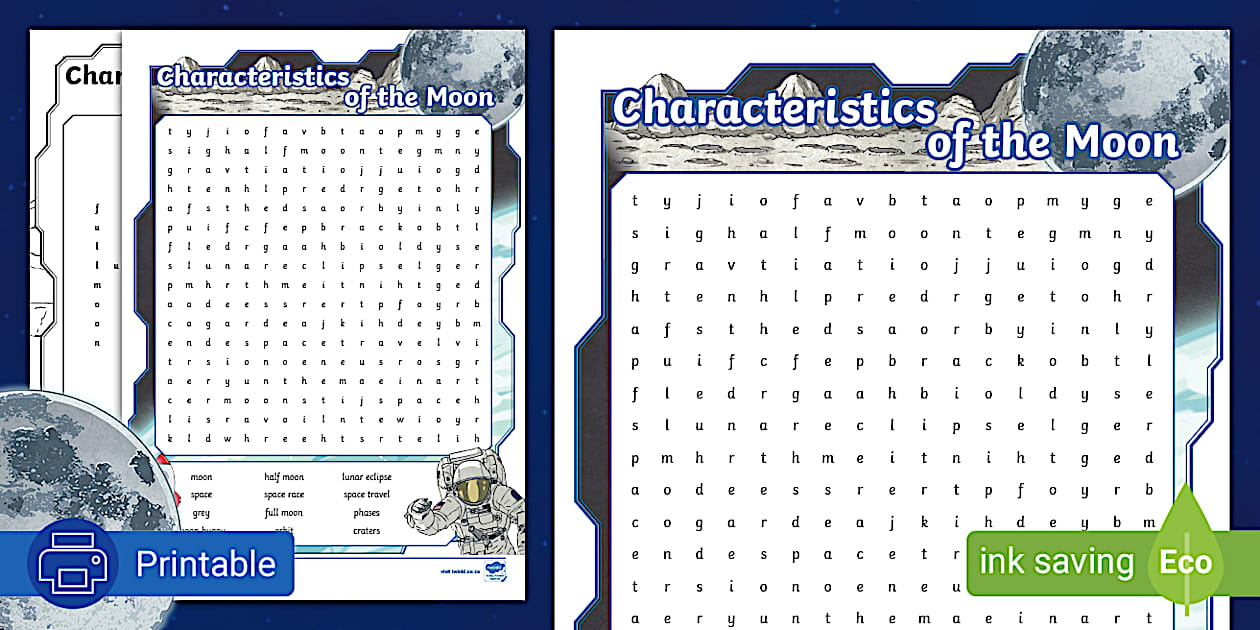 Characteristics of the Moon - Wordsearch (teacher made)