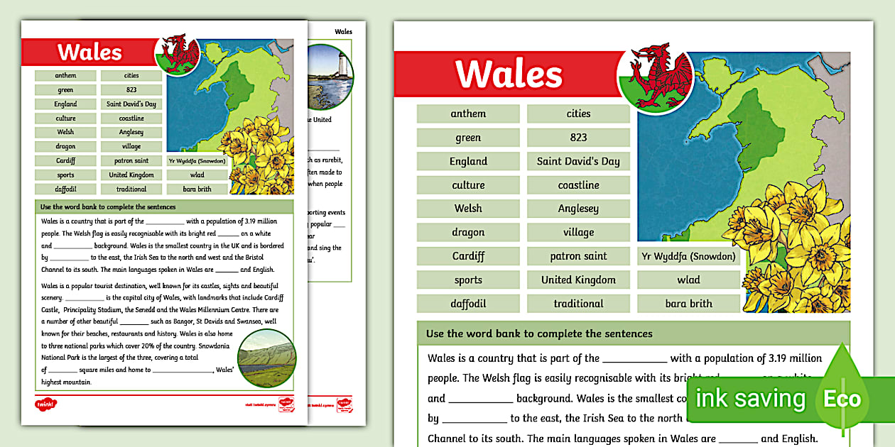 Cloze Procedure Activity Sheet – All About Wales - Twinkl