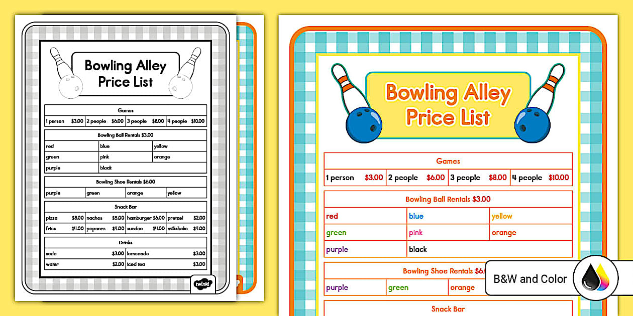 Bowling Alley Dramatic Play Price List Sign (teacher made)