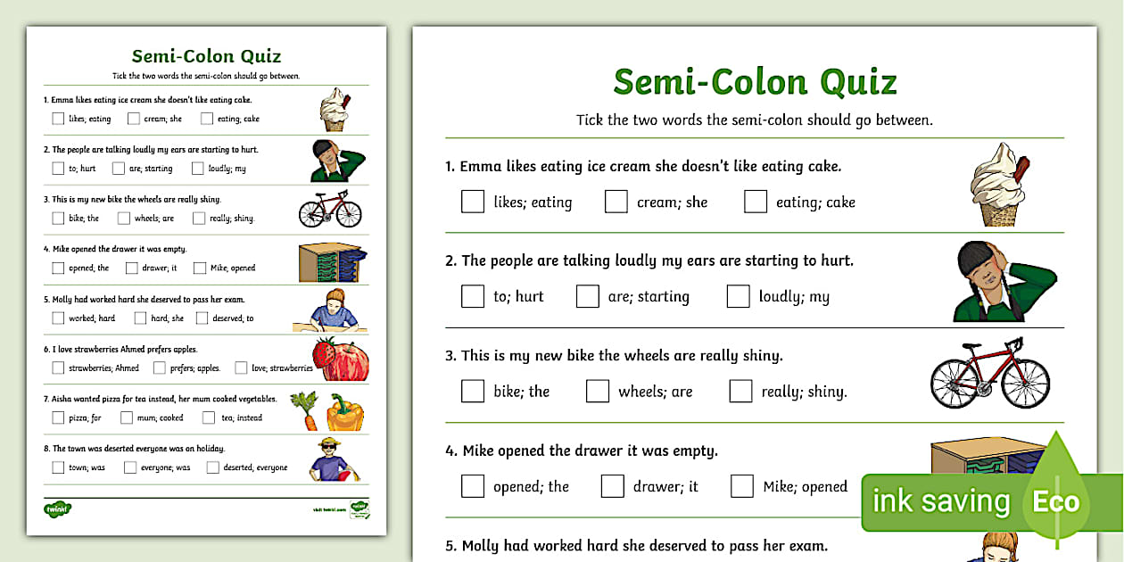 Semi-Colon Paper Quiz (teacher made) - Twinkl