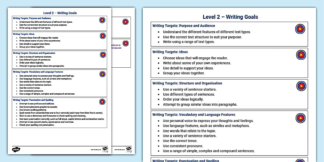 Editable Writing Goals - Level 2