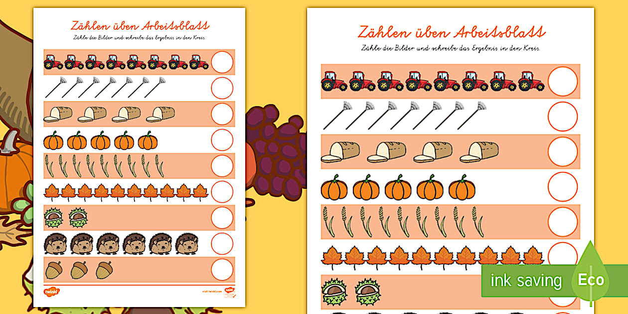 Herbst zählen üben Arbeitsblatt (teacher made) - Twinkl