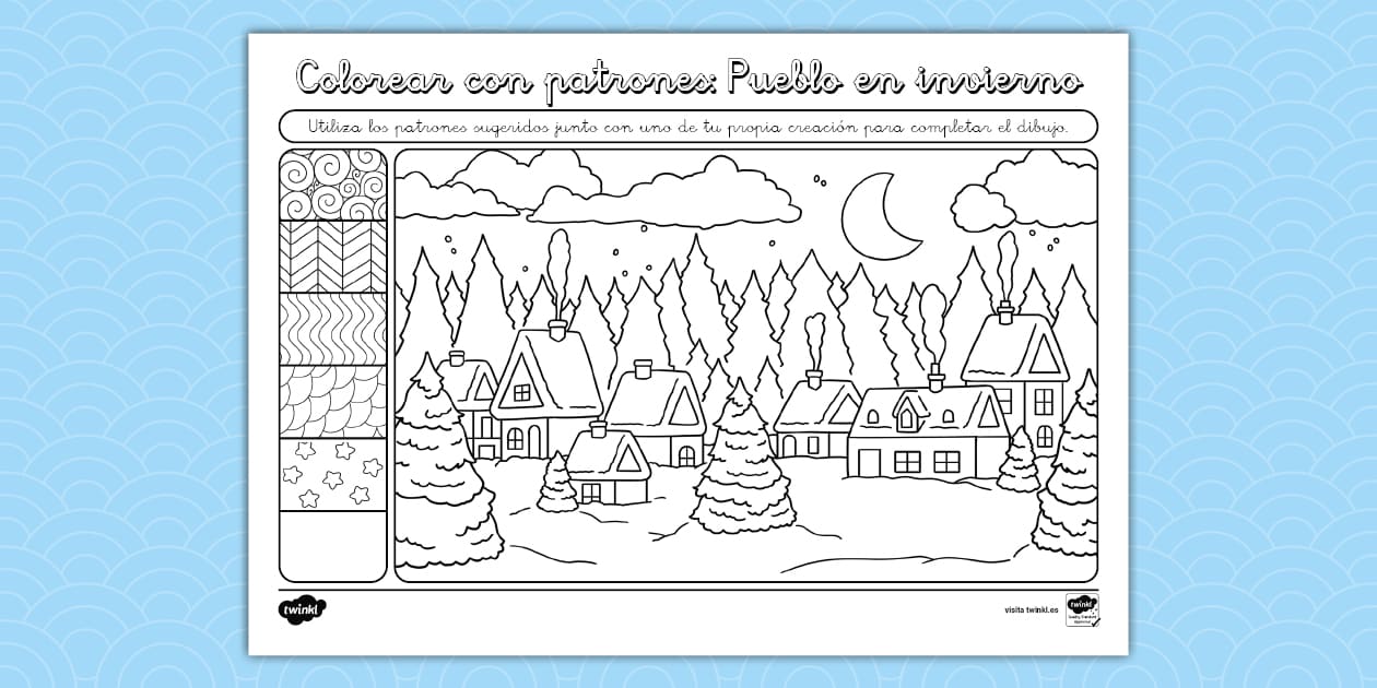 Ficha de actividad: Colorear con patrones - Pueblo invierno