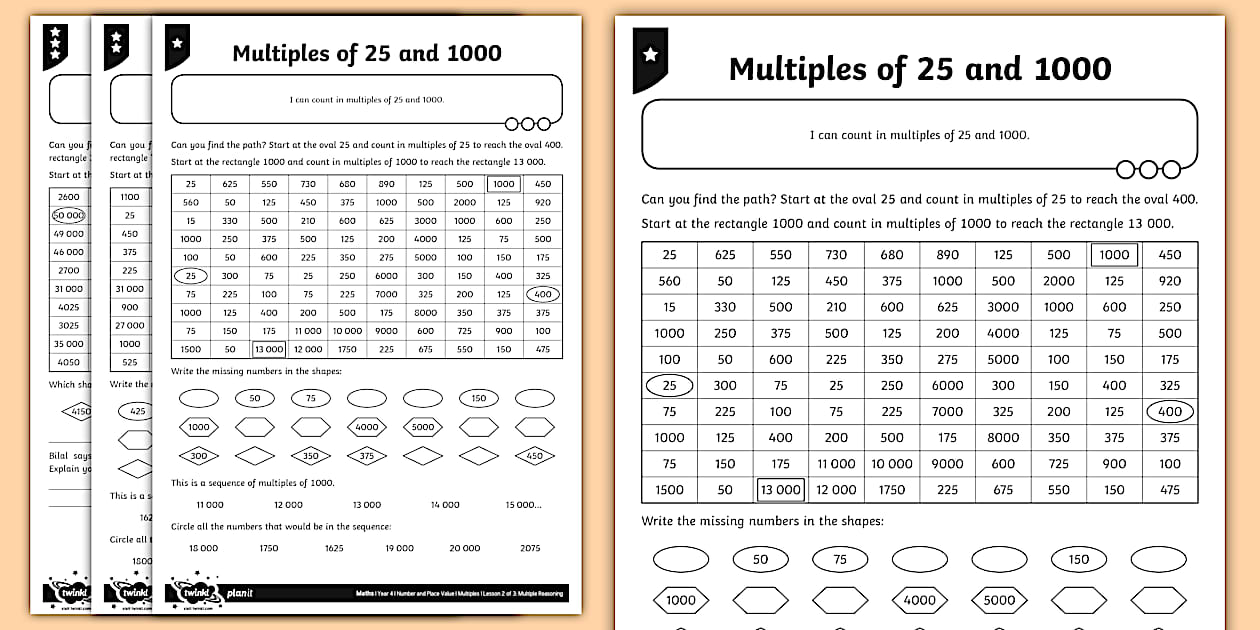 Multiples of 25 and 1000 Differentiated Worksheet - Twinkl