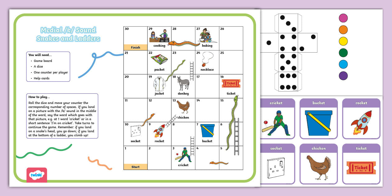 Medial /k/ Sound Snakes and Ladders (teacher made) - Twinkl