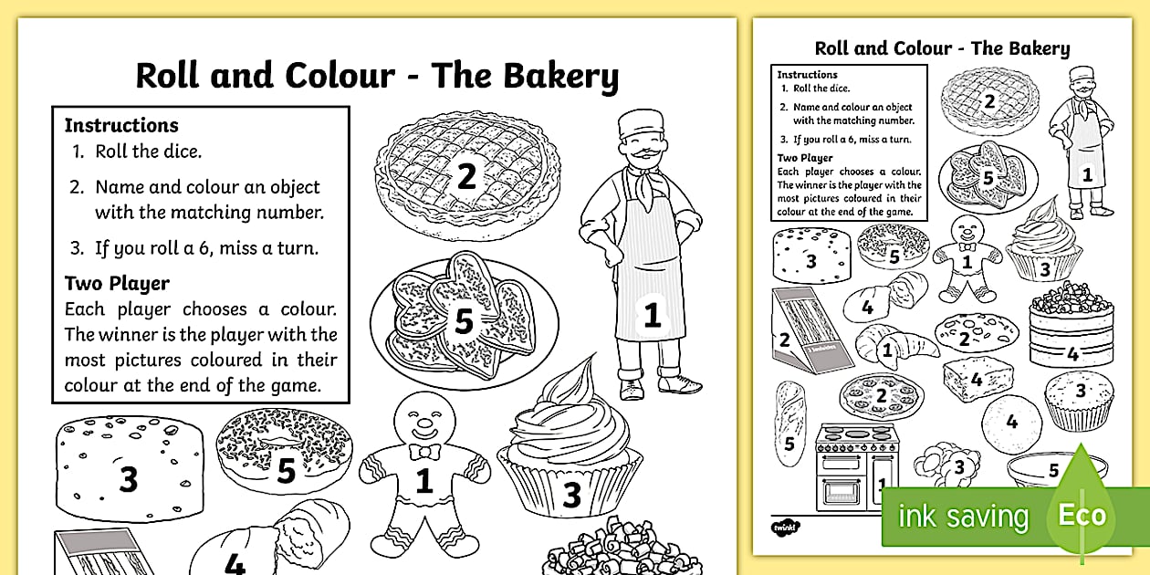 The Bakery Aistear Roll and Colour Worksheet - Twinkl