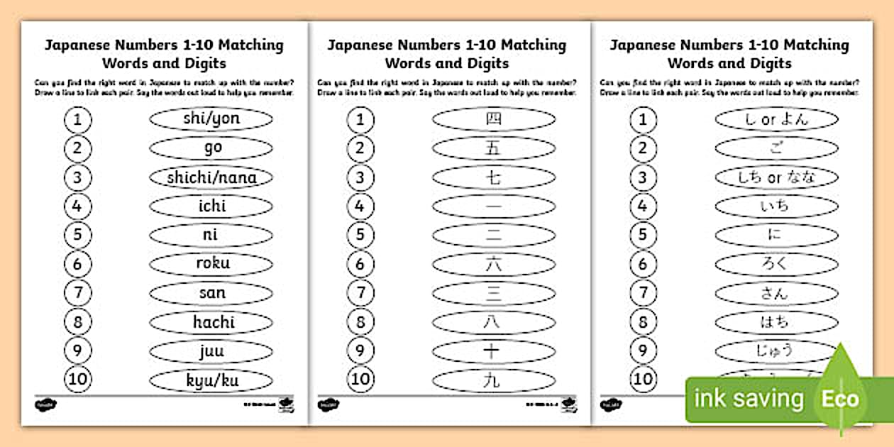 Japanese Numbers 1-10 Matching Words and Digits Worksheet