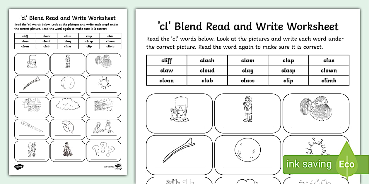 'cl' Blend Read and Write Worksheet (Teacher-Made) - Twinkl