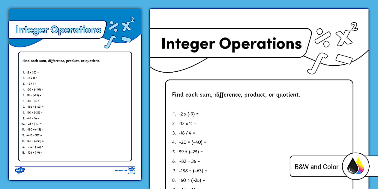 Seventh Grade Integer Operations Worksheet - Twinkl Seventh Grade Integer Operations Worksheet - Twinkl