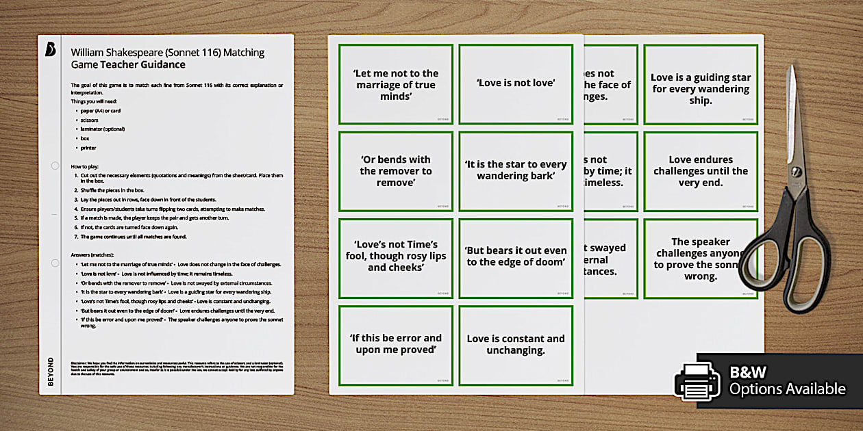 Sonnet 116 - William Shakespeare Card Matching Game - Twinkl