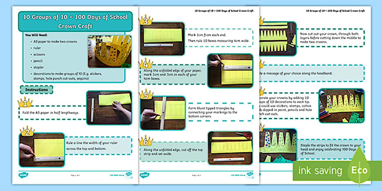TAS 10 Groups of 10 = 100 Days of School Crown Craft Instructions