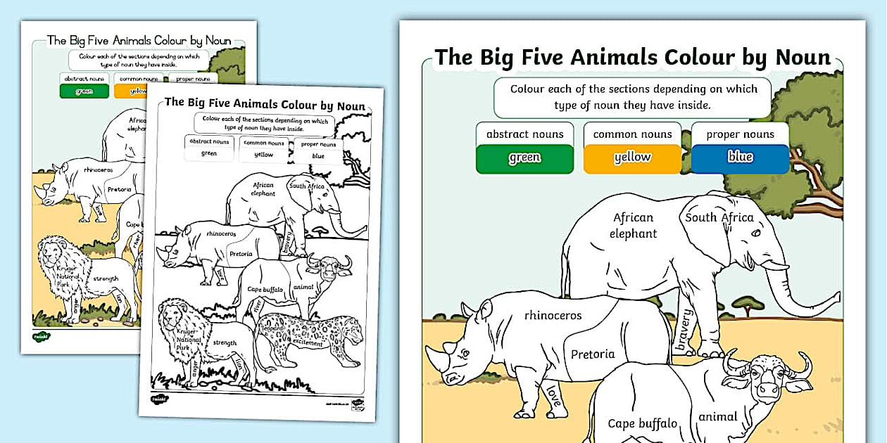 The Big Five Animals Themed Colour by Noun Worksheet