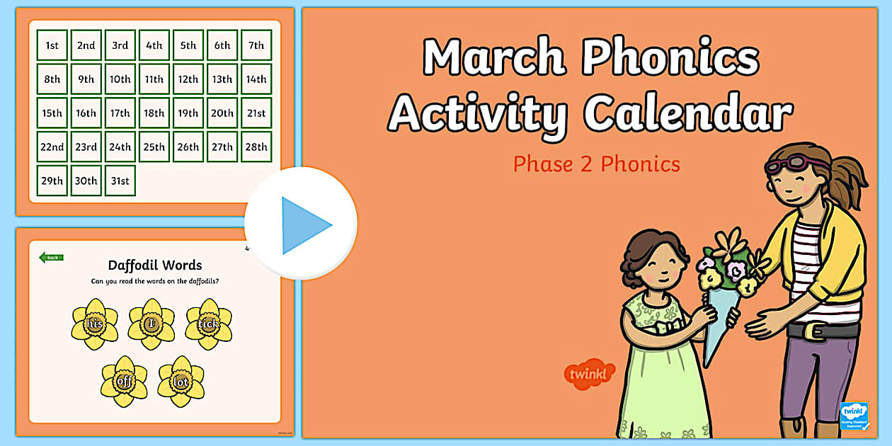 Phase 2 March Phonics Activity Calendar PowerPoint - Twinkl