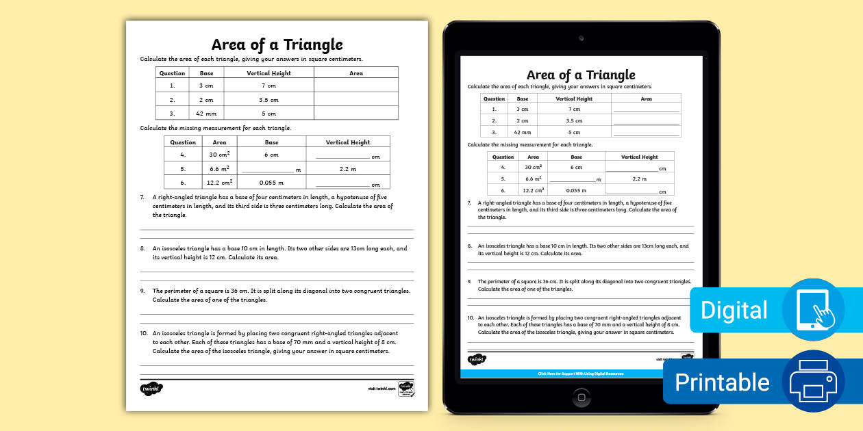 Seventh Grade Area of a Triangle Practice Worksheet - Twinkl