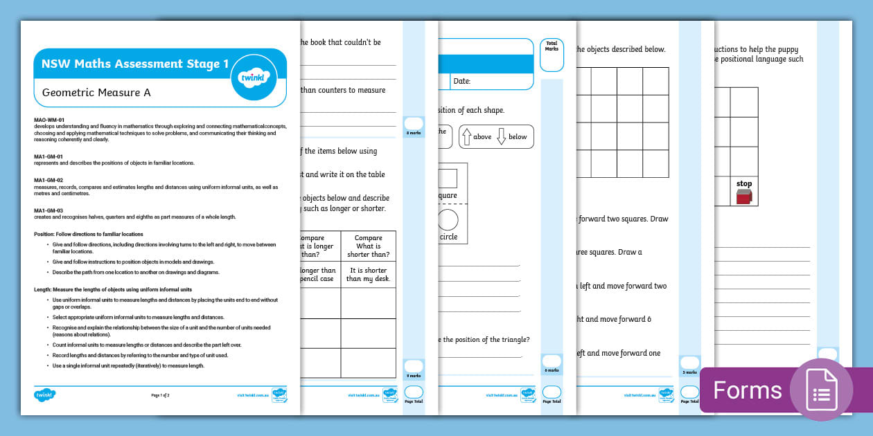 Maths Assessment NSW Curriculum – Stage1 Geometric Measure A