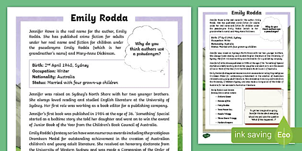Emily Rodda Fact File (teacher made) - Twinkl