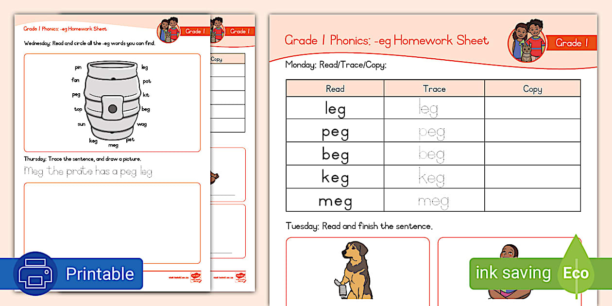 Grade 1 Phonics: -eg Homework Sheet (teacher made) - Twinkl