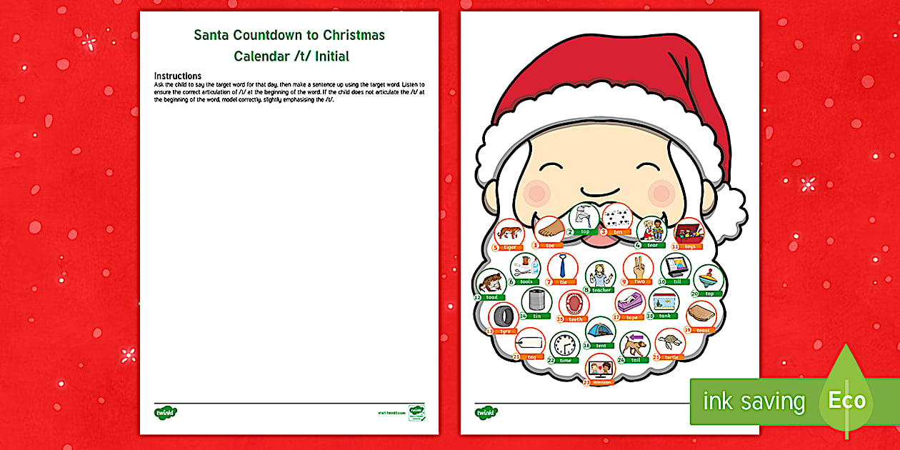 Santa Countdown to Christmas Calendar /t/ Initial Worksheet