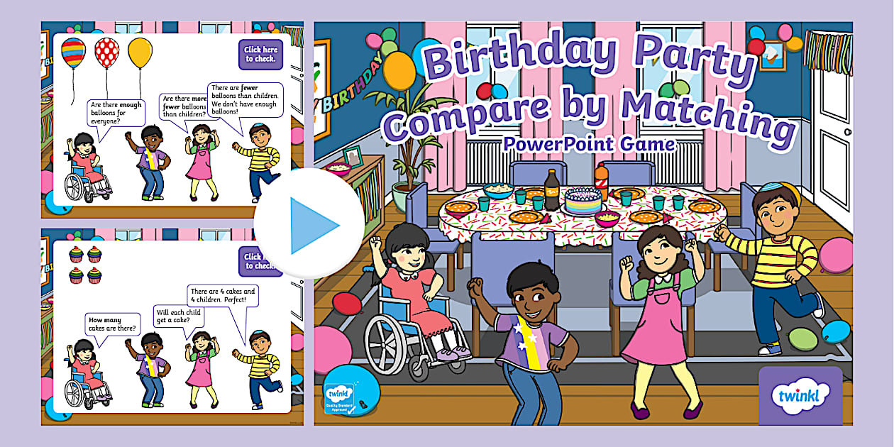 👉 Birthday Party Compare by Matching PowerPoint Game | Twinkl