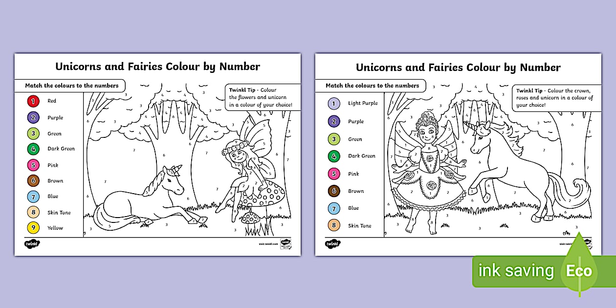 Unicorns and Fairies Colour by Number Pages|Twinkl Colours