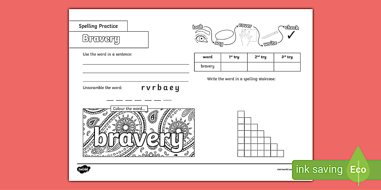 Bravery Spelling Practice Worksheet (Teacher-Made) - Twinkl