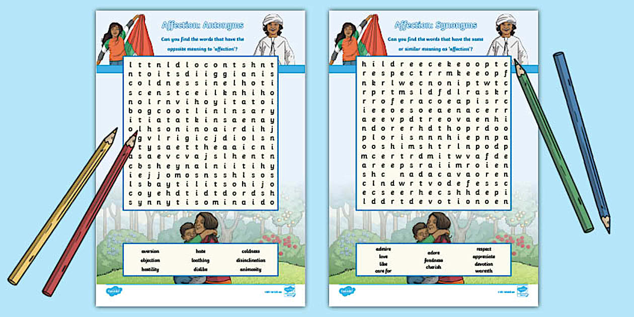 Synonym and Antonym Word Search - Affection - Twinkl