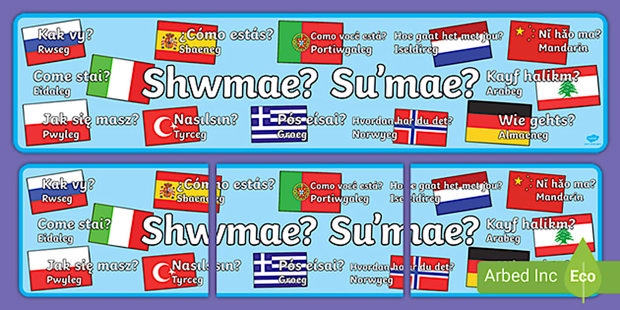 Baner Arddangos Diwrnod Shwmae Su'mae Ieithoedd Cymysg