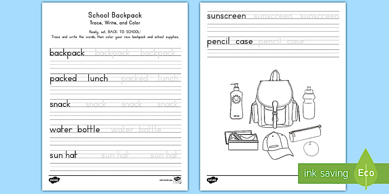 School Backpack Trace, Write, and Color Worksheet / Worksheet, worksheet