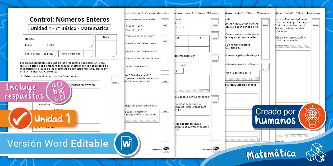 OA 1 | Números Enteros | Unidad 1 | Control | 7° Básico