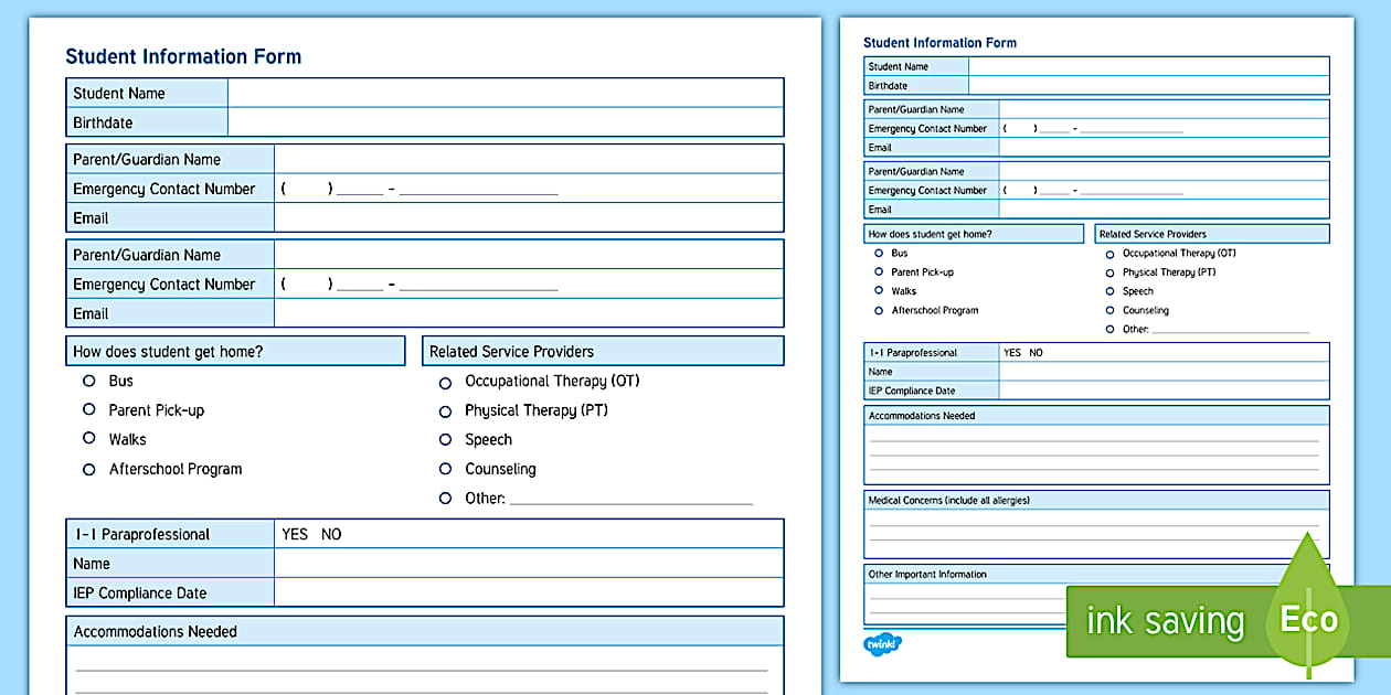 Editable Student Information Form (teacher made) - Twinkl