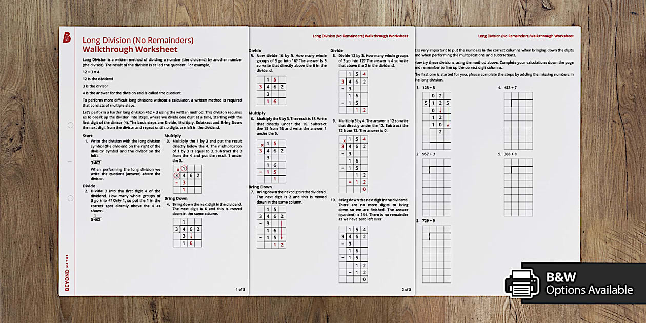 Long Division (No Remainders) Walkthrough Worksheet - Twinkl