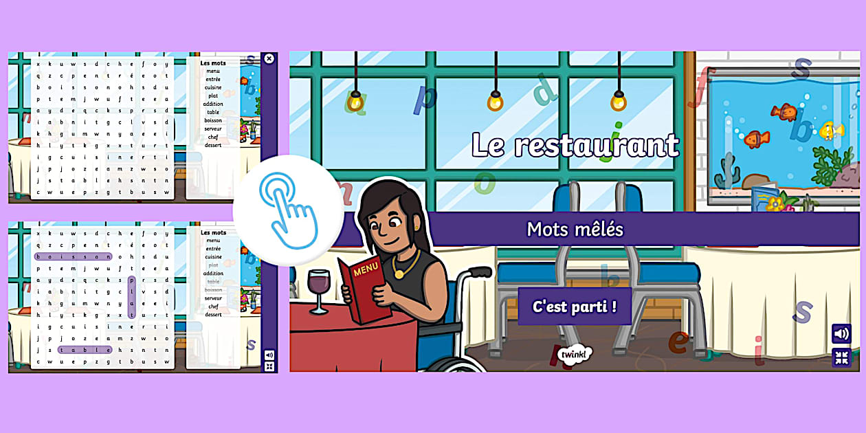 Mots mêlés interactif : Le restaurant (professor feito)