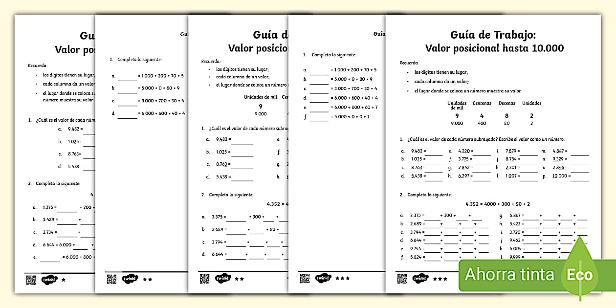 Guía de Trabajo Valor Posicional hasta 10.000 - Twinkl
