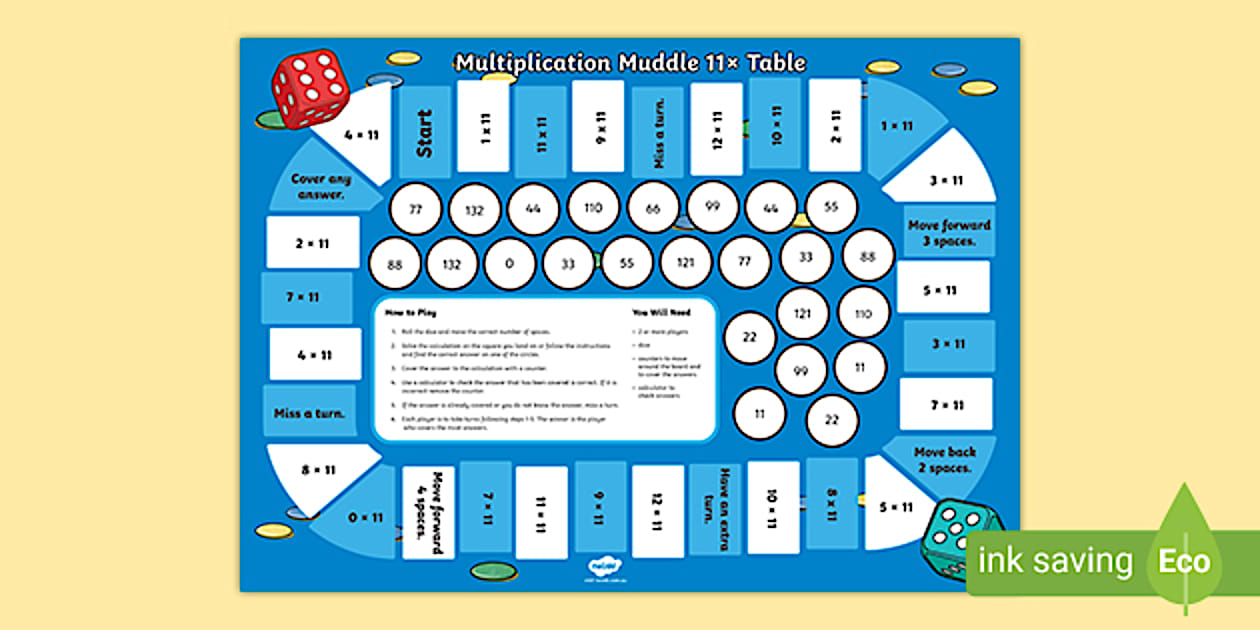 Multiplication Muddle 11X Table Board Game (teacher made)