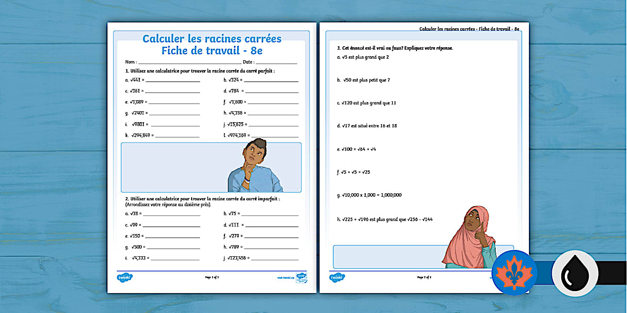 Calculating Square Roots Worksheet - Grade 8 French