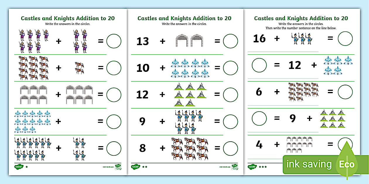 Castles and Knights Addition to 20 Differentiated Worksheets