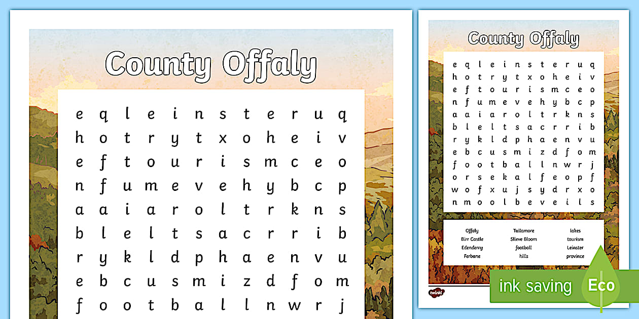 Black and White County Offaly Word Search (teacher made)