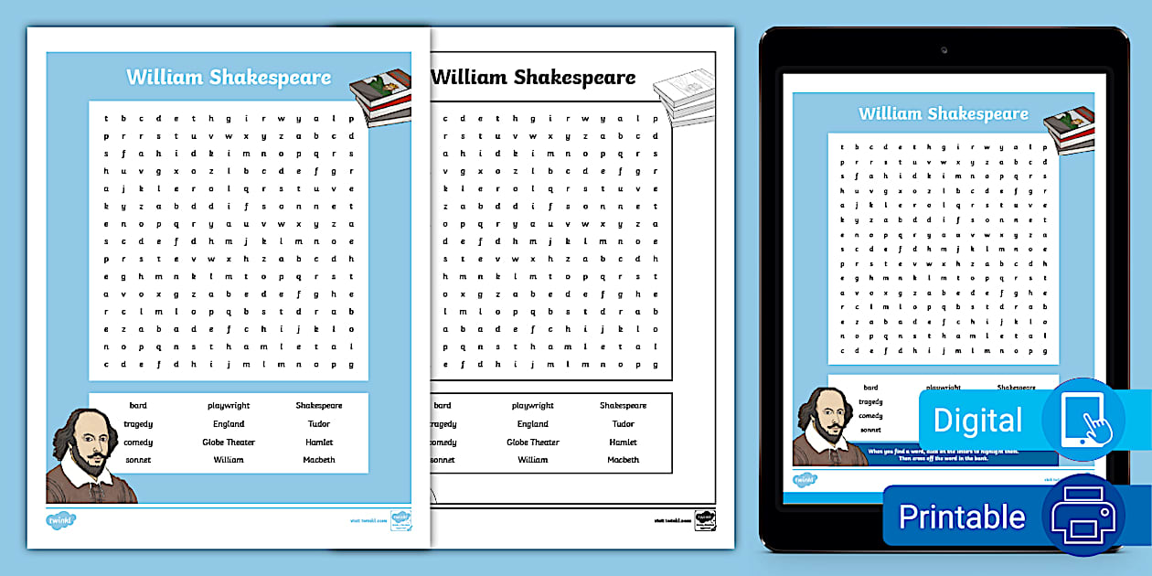 William Shakespeare Word Search for 3rd-5th Grade - Twinkl